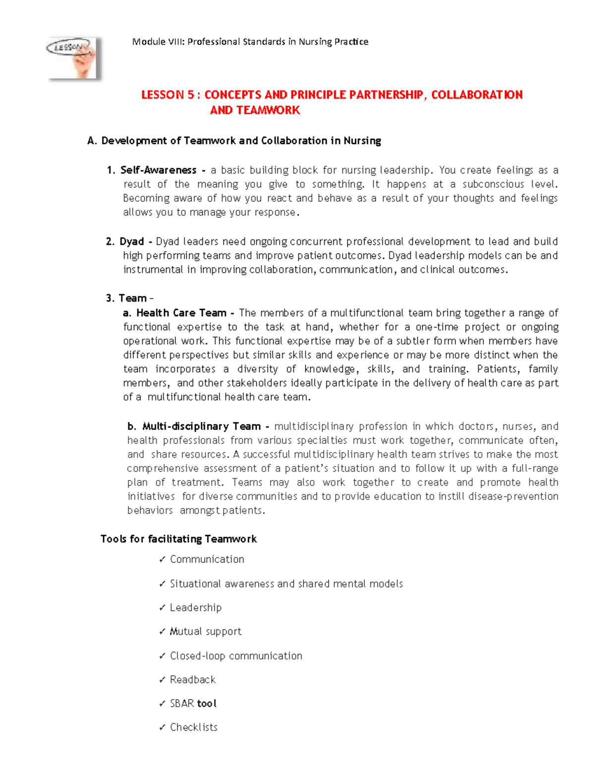 NUPC 104 Module VIII Lesson 5: Principles of Teamwork in Nursing - Studocu