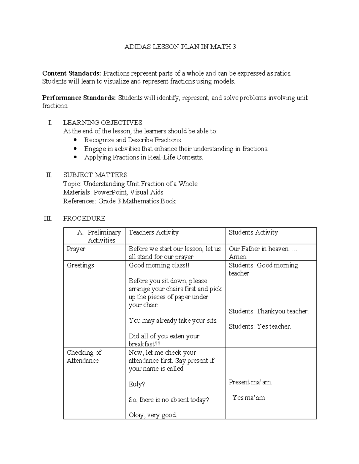 Adidas MATH 3 Lesson Plan: Understanding Unit Fractions - Studocu