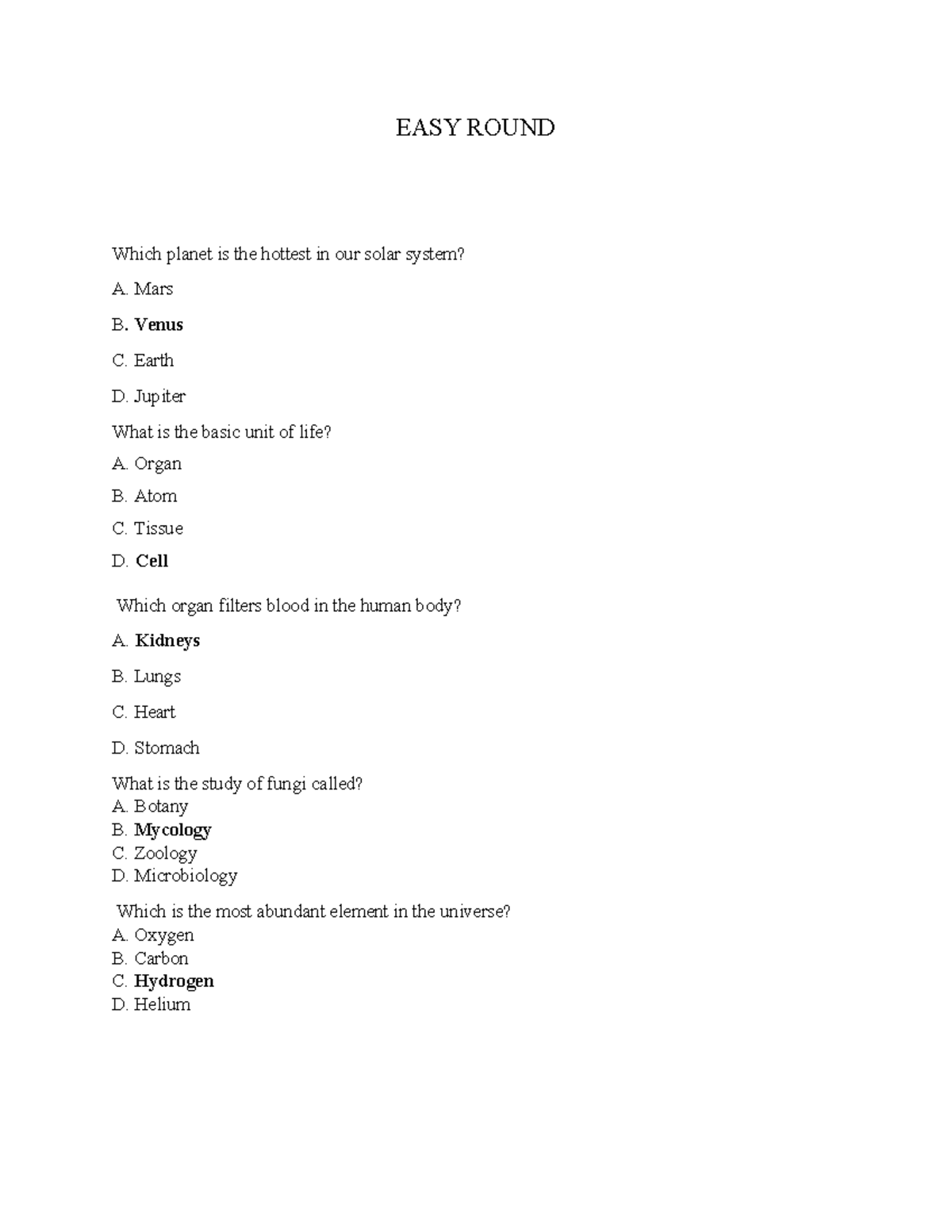EASY Round: Science Quiz Questions and Answers - Studocu