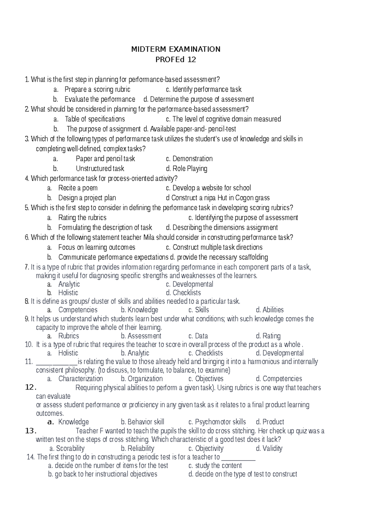 Midterm Exam Review for PROFEd 12 - Assessment in Learning - Studocu