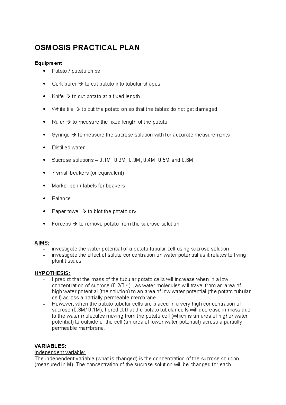 Osmosis Practical Plan: Investigating Water Potential in Potato Cells ...