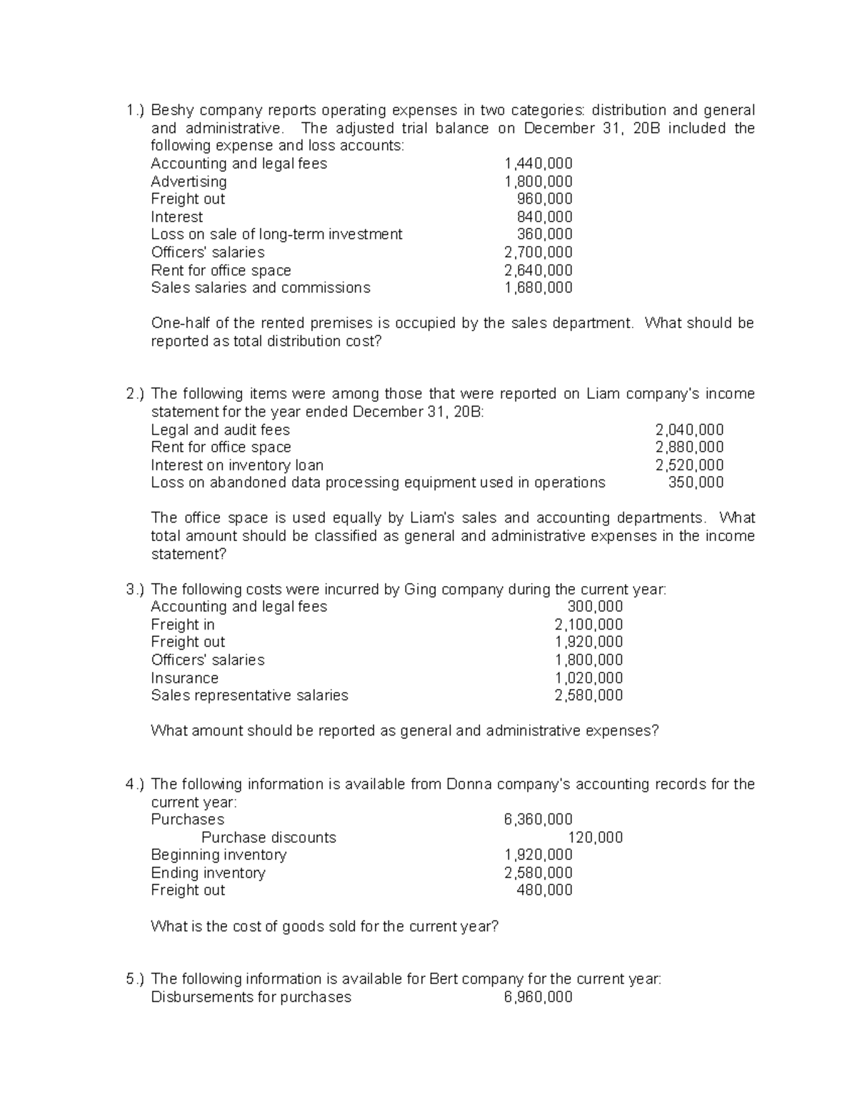 Income statement-mcq problems - Q - 1.) Beshy company reports operating ...
