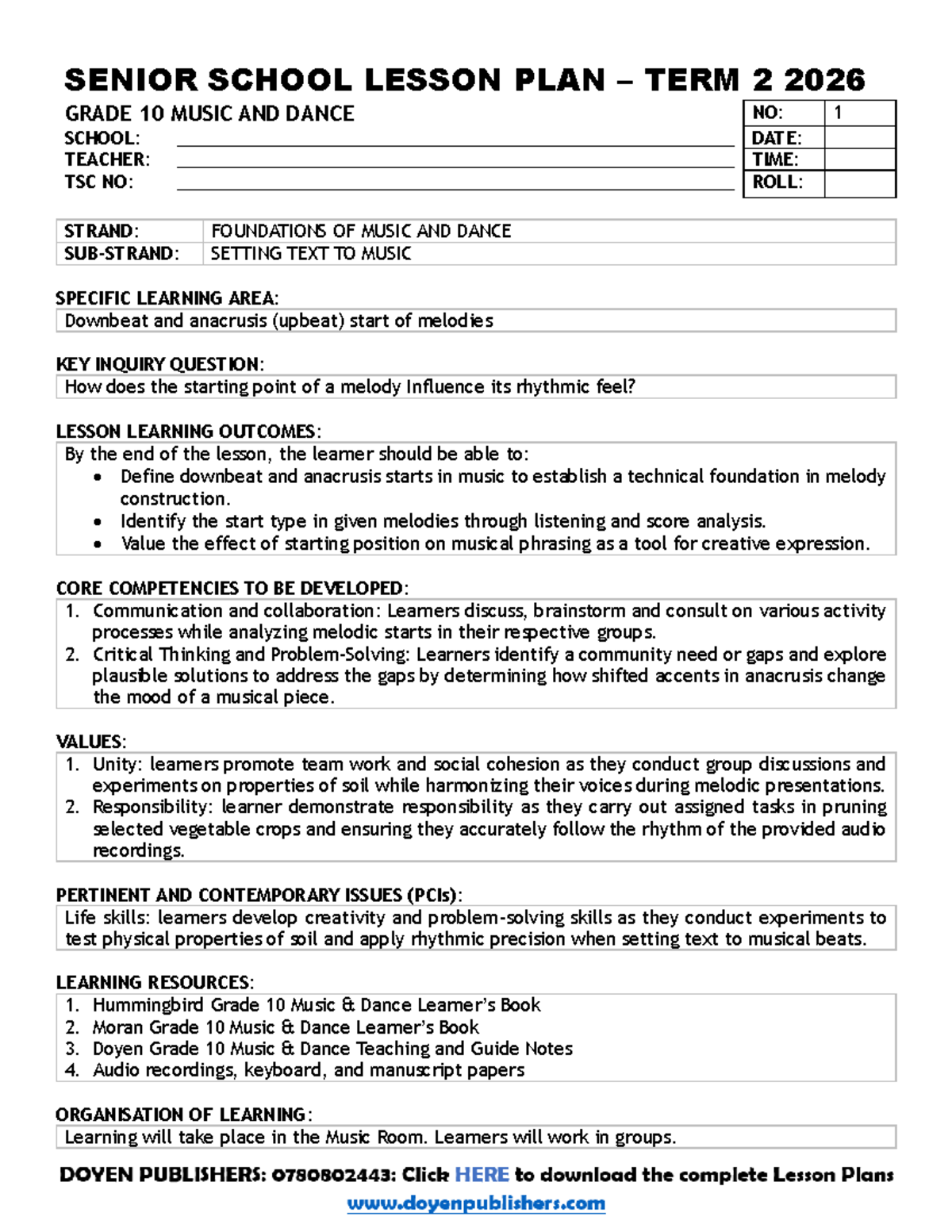 Grade 10 Music and Dance Term 2 2026 Lesson Plans: Foundations of ...