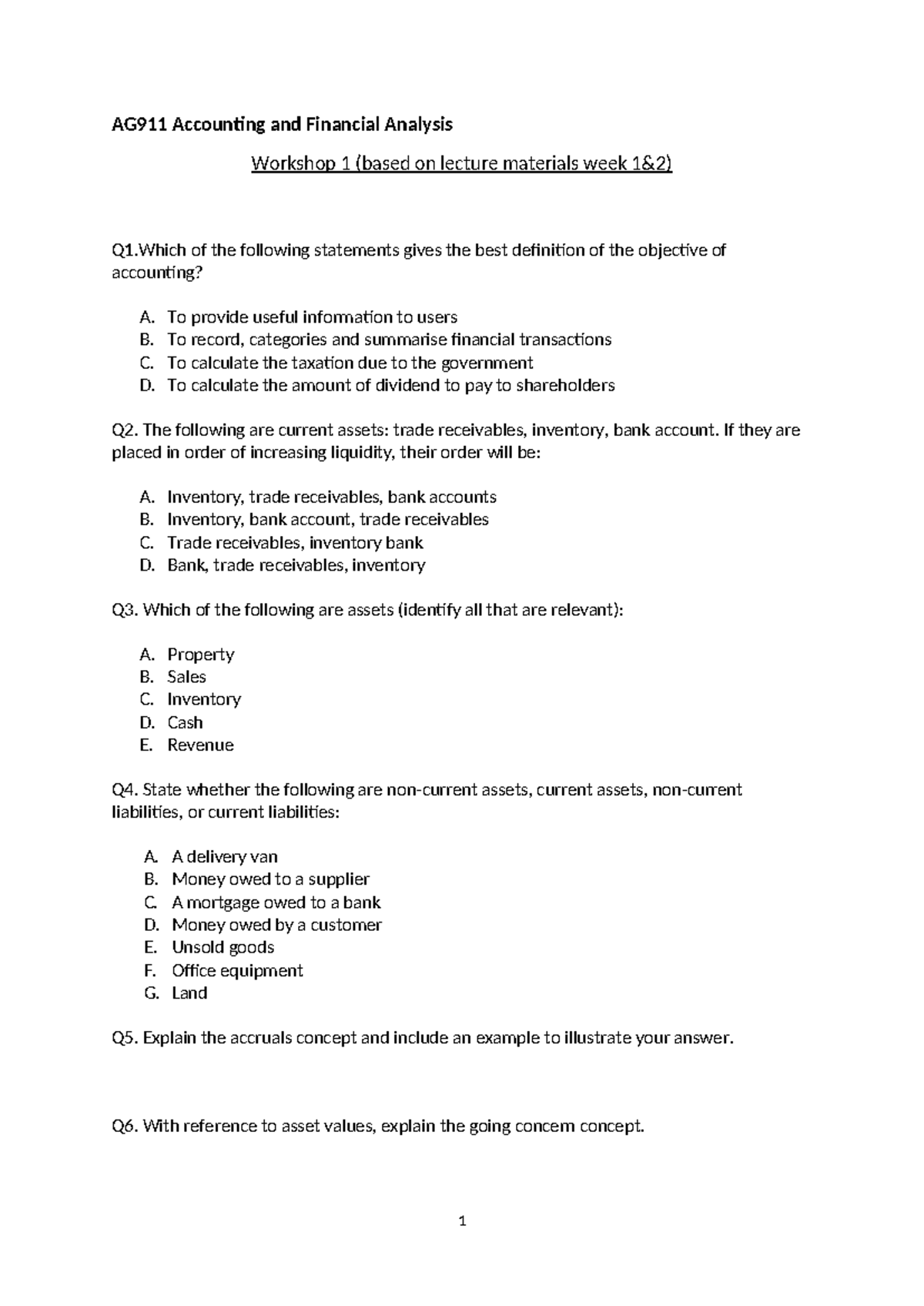 AFA Workshop 1 - AG911 Accounting and Financial Analysis Workshop 1 ...