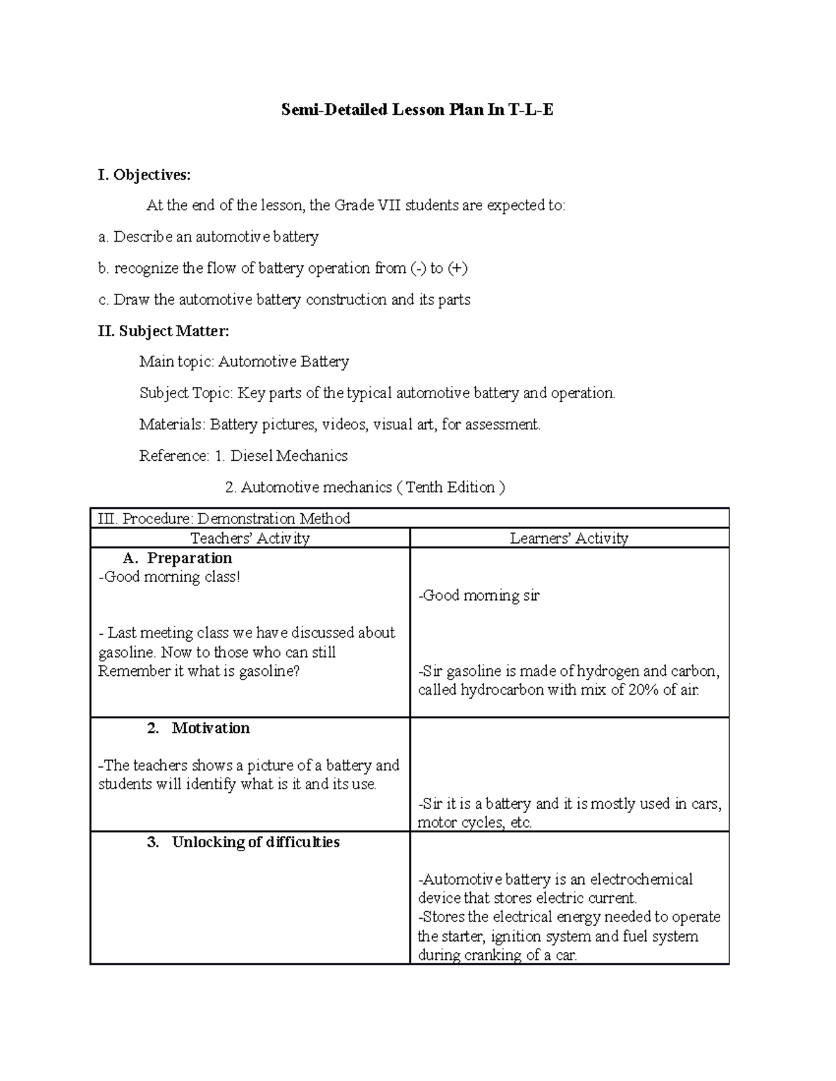 Automotive-Brief LP - Lesson Plan In I. Objectives: At the end of the ...