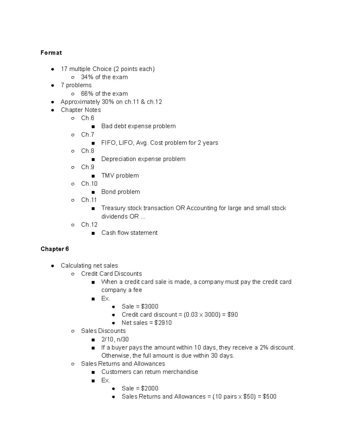 Final Exam Study Guide - Format 17 multiple Choice (2 points each) 34% of the exam 7 problems ...