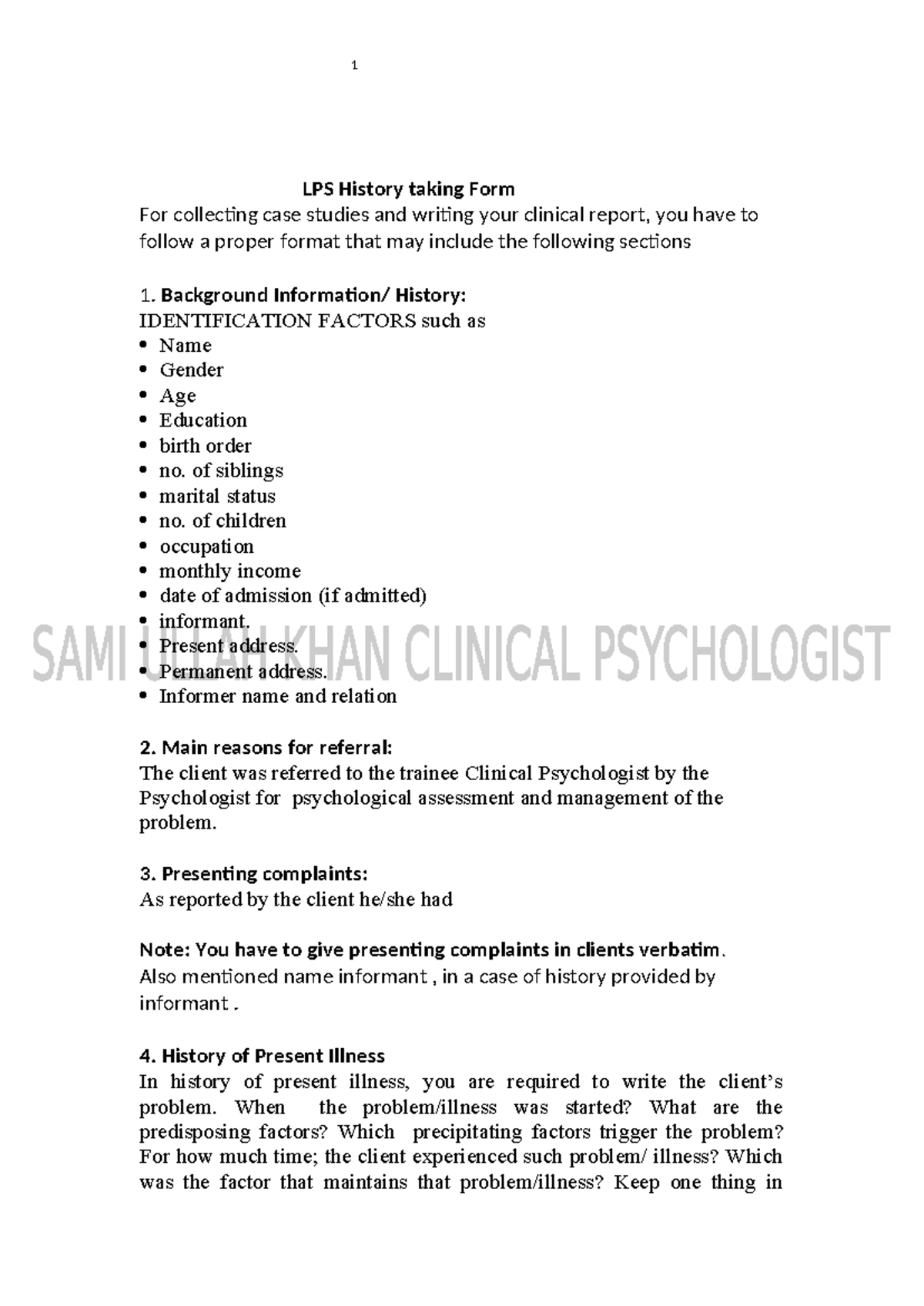LPS Case History Taking Format for Clinical Reports and Assessments ...