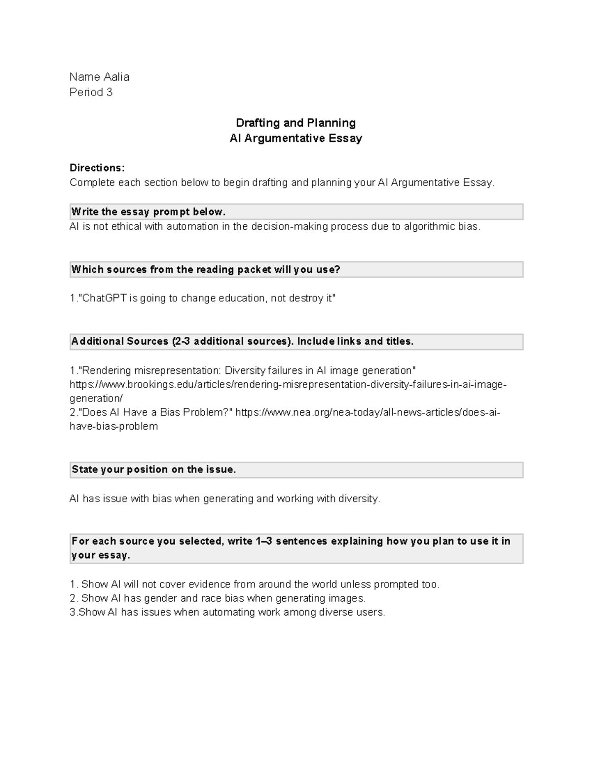 Drafting and Planning AI Argumentative Essay (Period 3) - Studocu