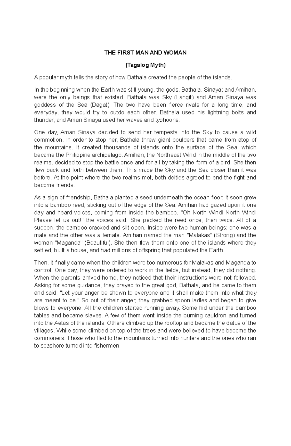 The Creation Story of Malakas and Maganda - Tagalog Myth Analysis - Studocu