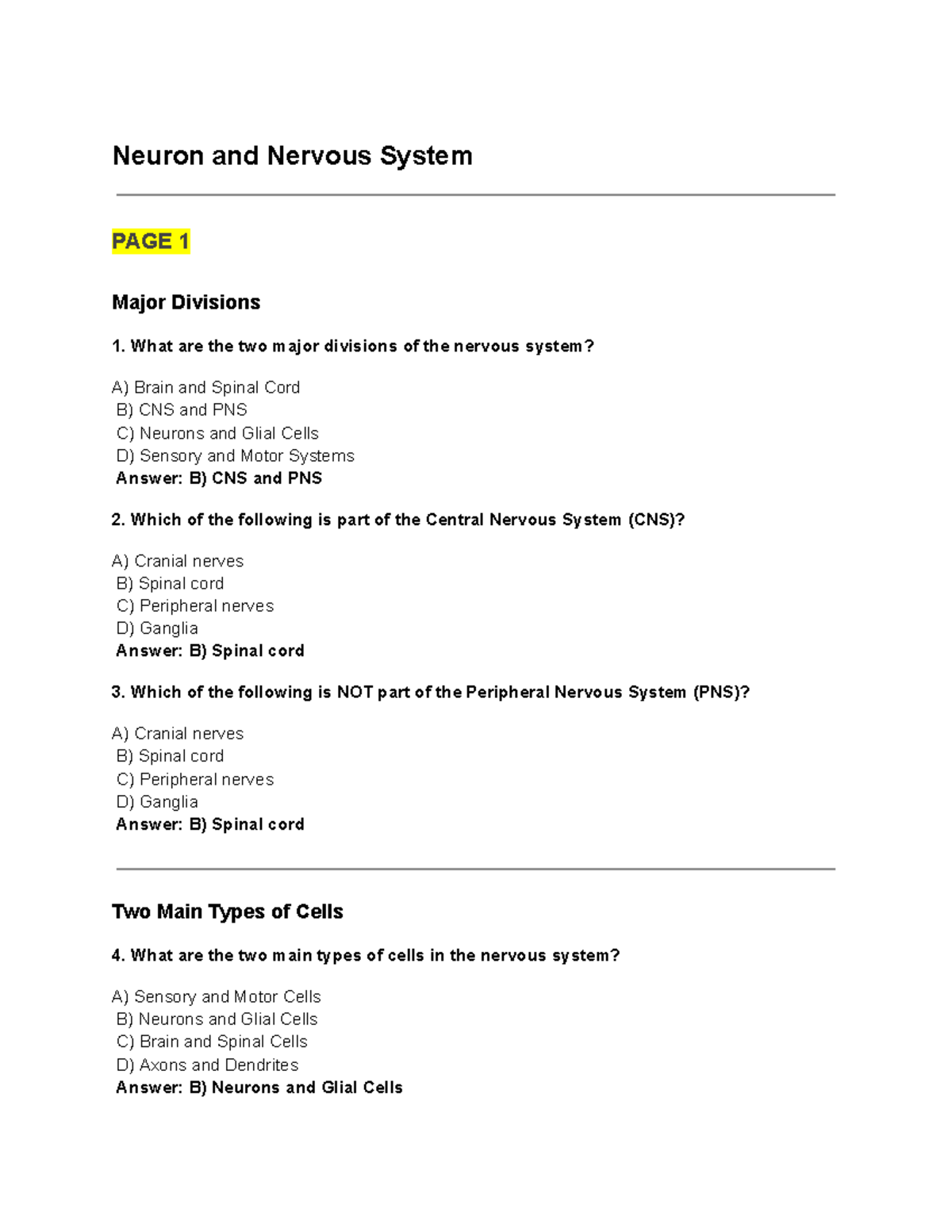 Neuron and Nervous System (BIO 101) Review Questions and Answers - Studocu