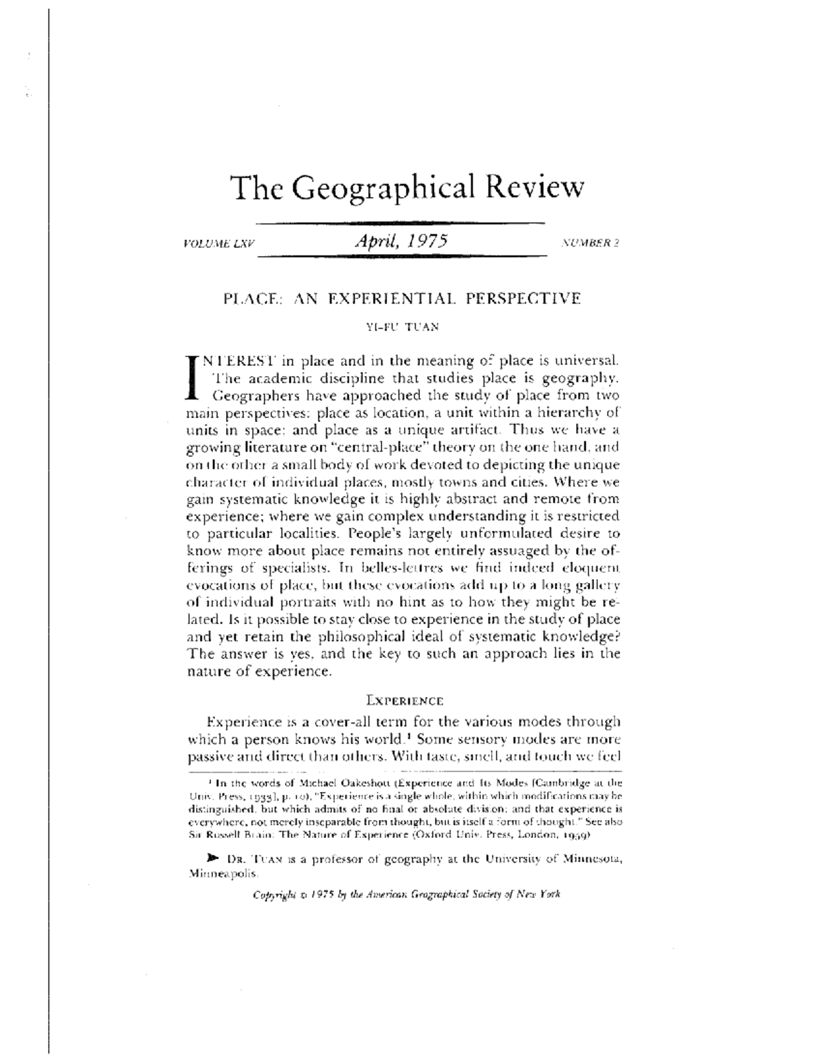 Place: An experiential perspective in geography (Volume LXV, April 1975) - Studocu