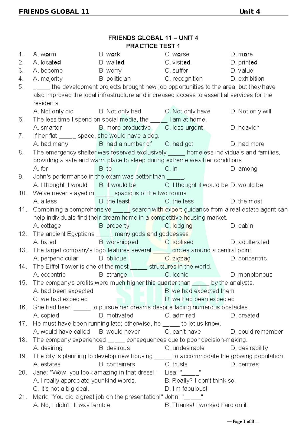 FRIENDS GLOBAL 11 Unit 4 Practice Test 1 - Studocu