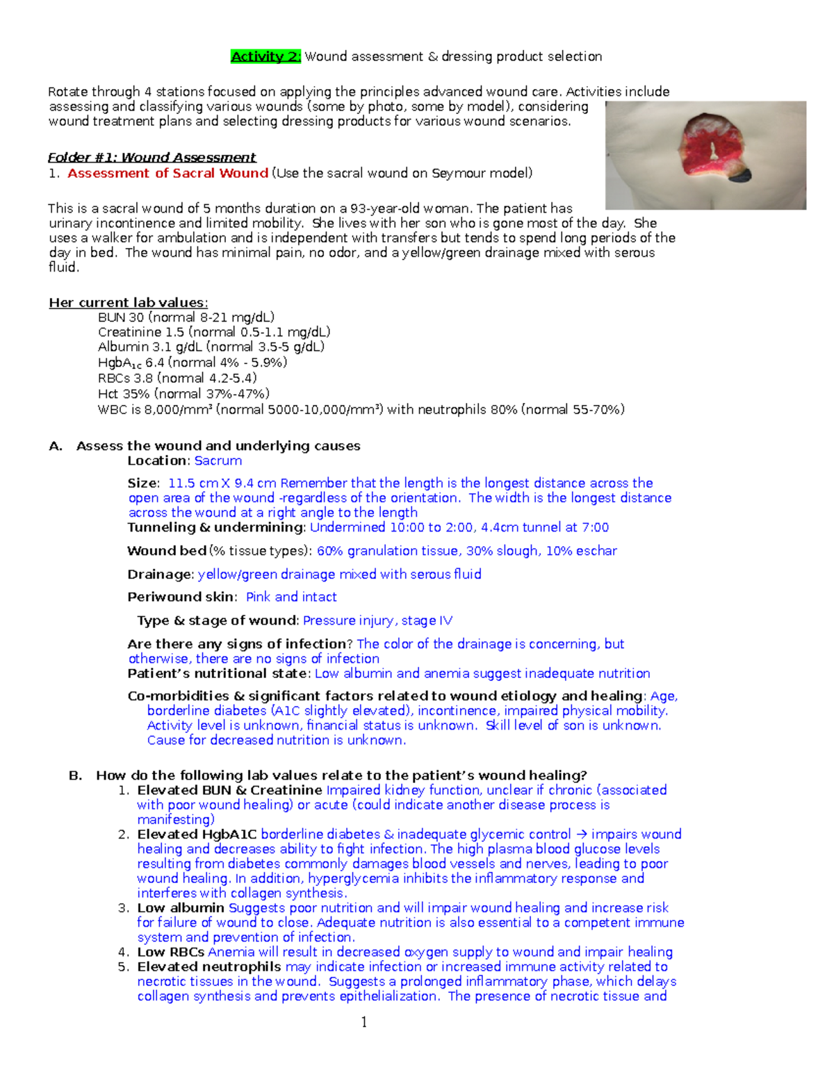 Advanced Wound Care Lab Worksheet KEY v2 F22: Assessment & Dressing ...