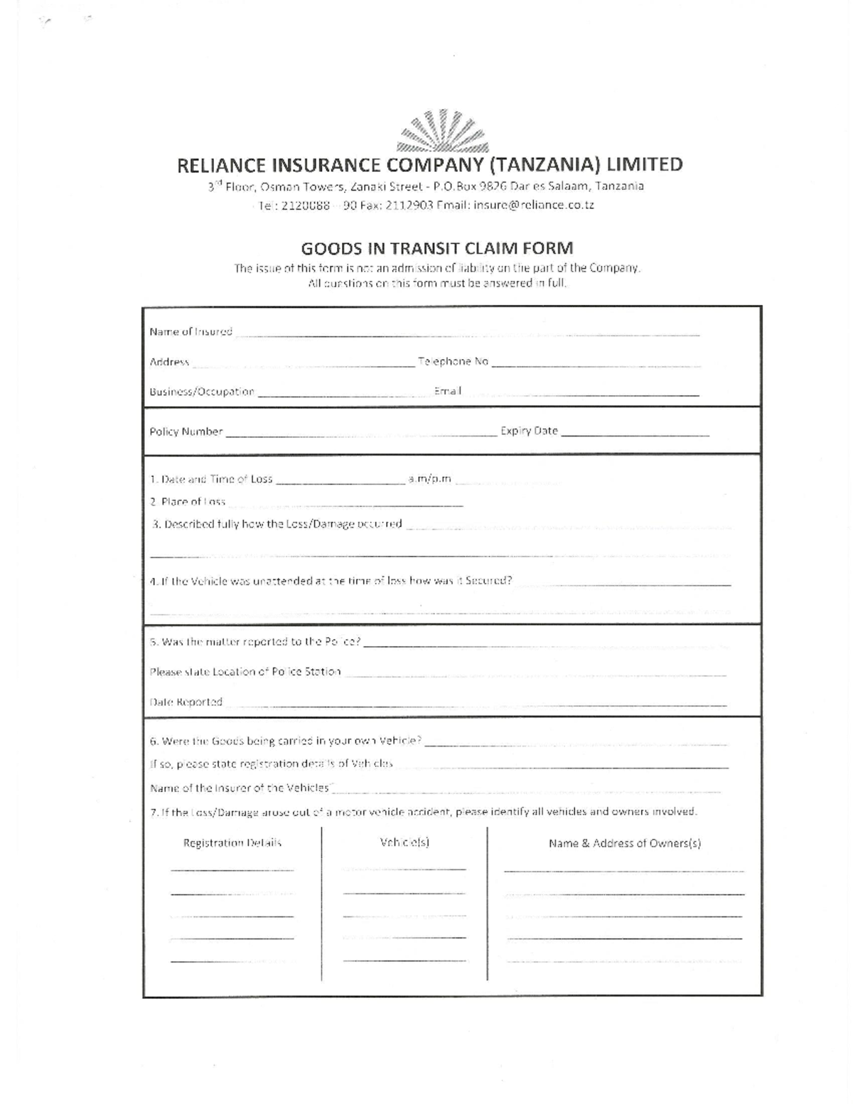 Reliance Insurance GIT Claim Form - Tanzania (12) - Studocu