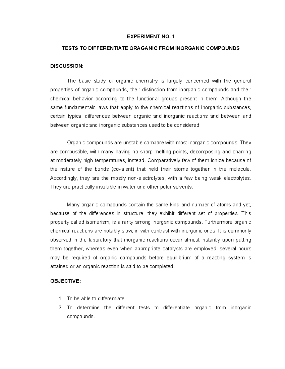 Organic vs Inorganic Compounds: Experiment No. 1 Analysis - Studocu