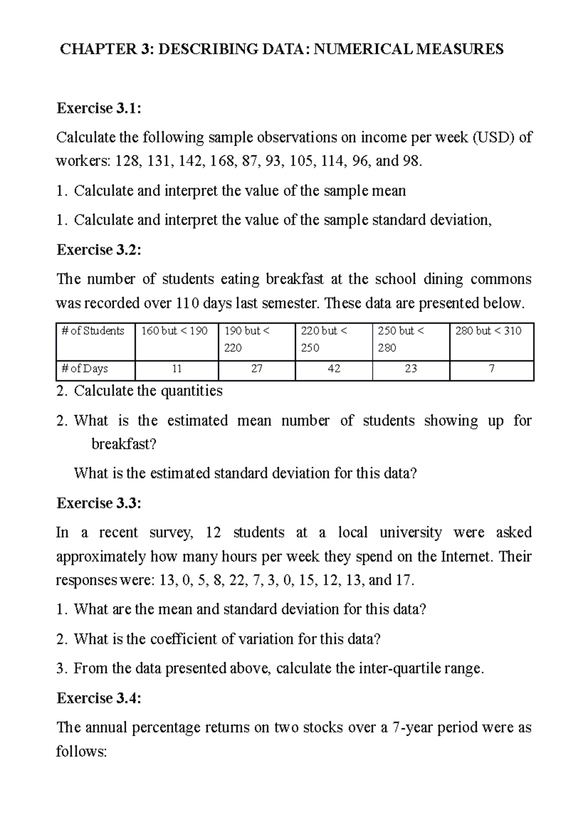 Exercises C3 - Numerical Measures: Practice & Calculations - Studocu