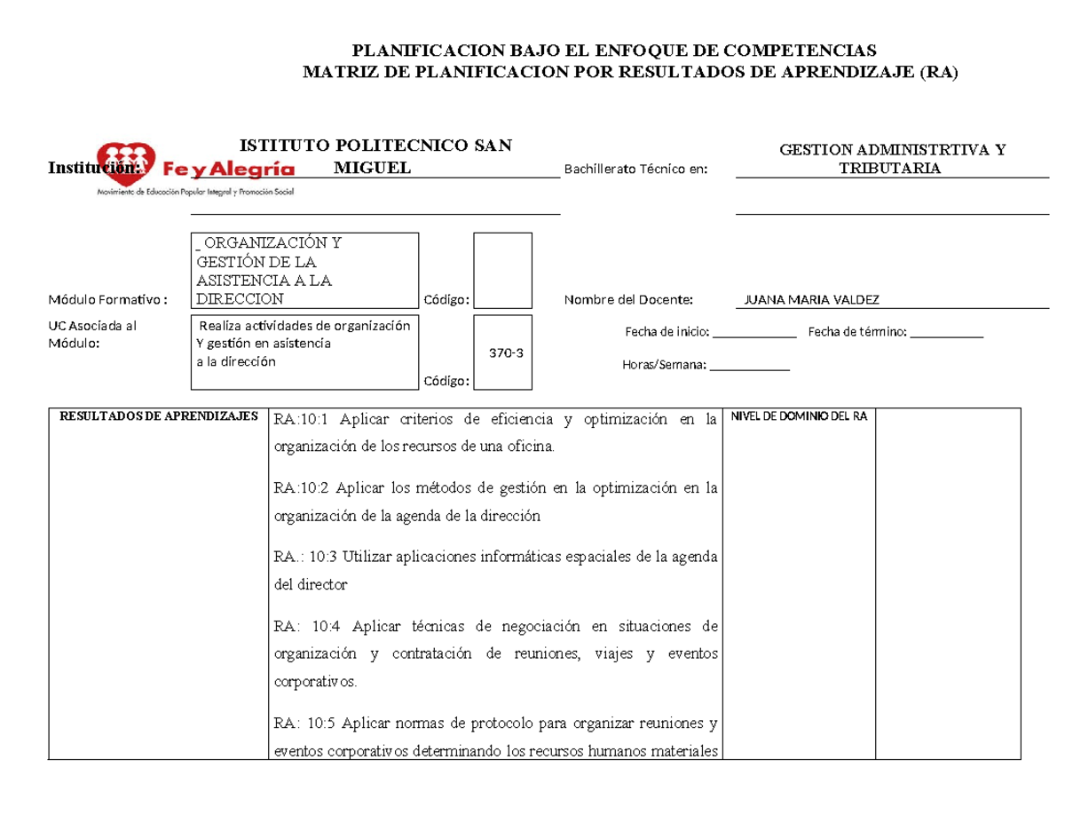 Planificacion RA Gestion - RESULTADOS DE APRENDIZAJES RA:10:1 Aplicar criterios de eficiencia y ...