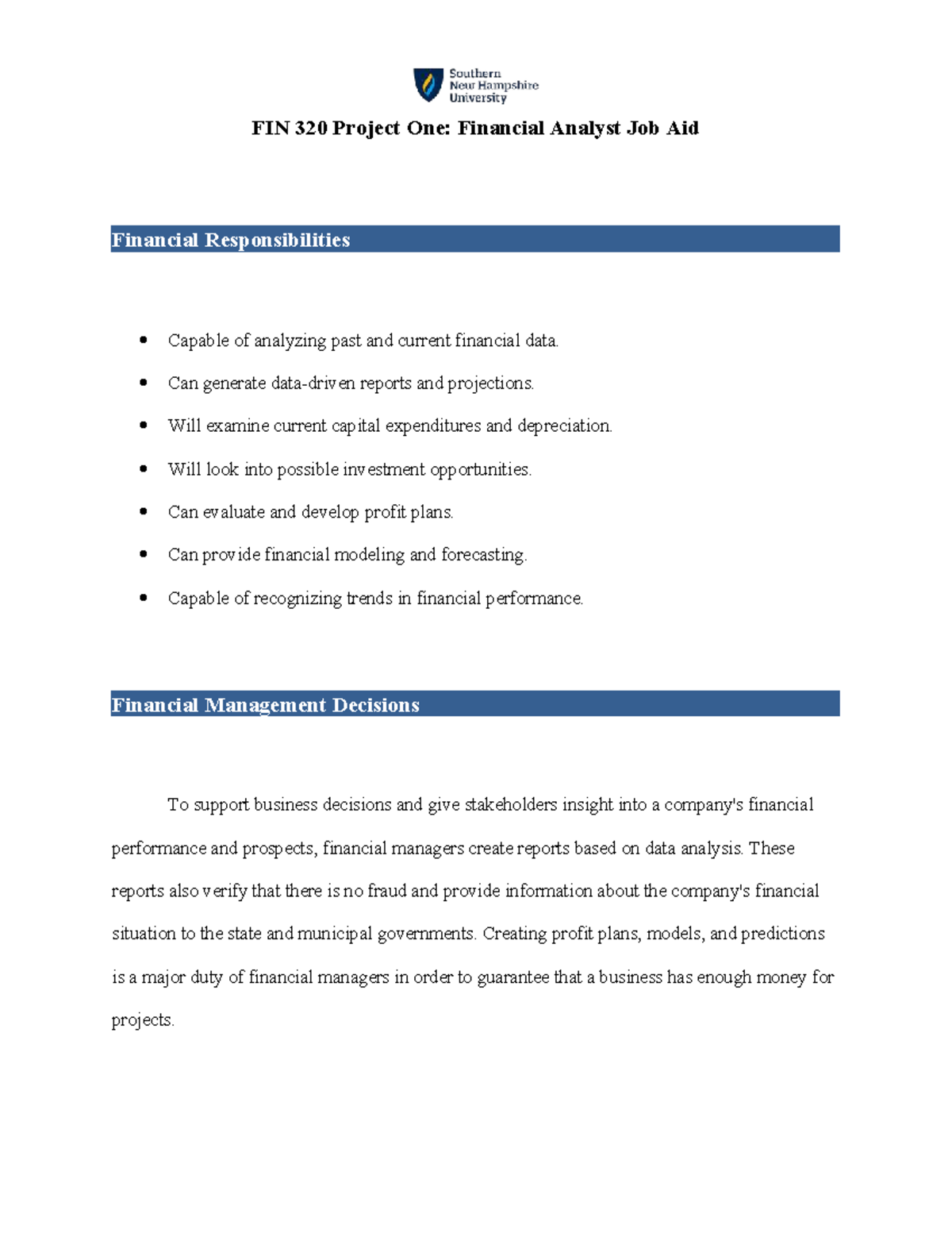 FIN 320 - Project One: Financial Analyst Responsibilities & Insights ...