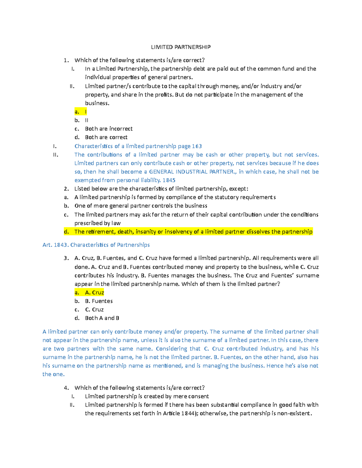 Limited Partnership Quiz (LP Quiz) - Key Concepts and Questions - Studocu