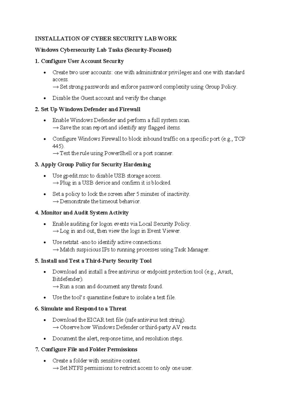 Installation of Cyber Security Lab Work: Windows Tasks Guide - Studocu