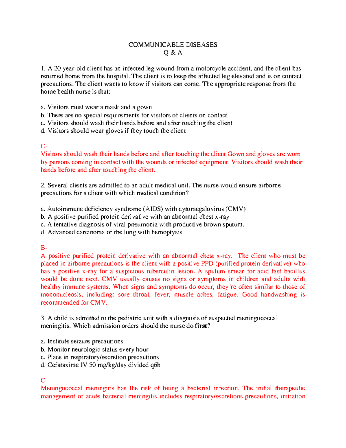 COMMUNICABLE DISEASES: PRACTICE QUESTIONS FOR NURSING EXAM - Studocu