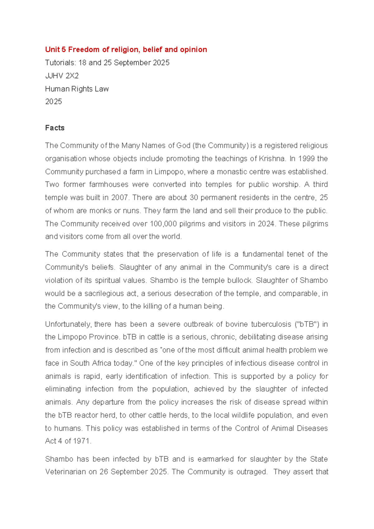 JJHV 2X2 Human Rights Law 2025: Unit 5 - Freedom of Religion Case Study ...