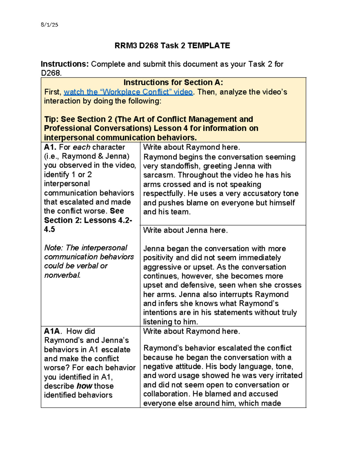 D268 Task 2: Analyzing Interpersonal Communication in Conflict - Studocu