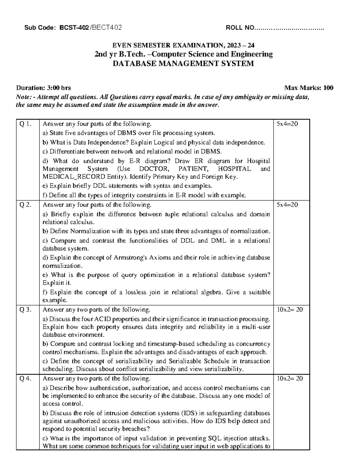dbms pyqs session 2023-24 - Duration: 3:00 hrs Max Marks: 100 Note: - Attempt all questions. All ...