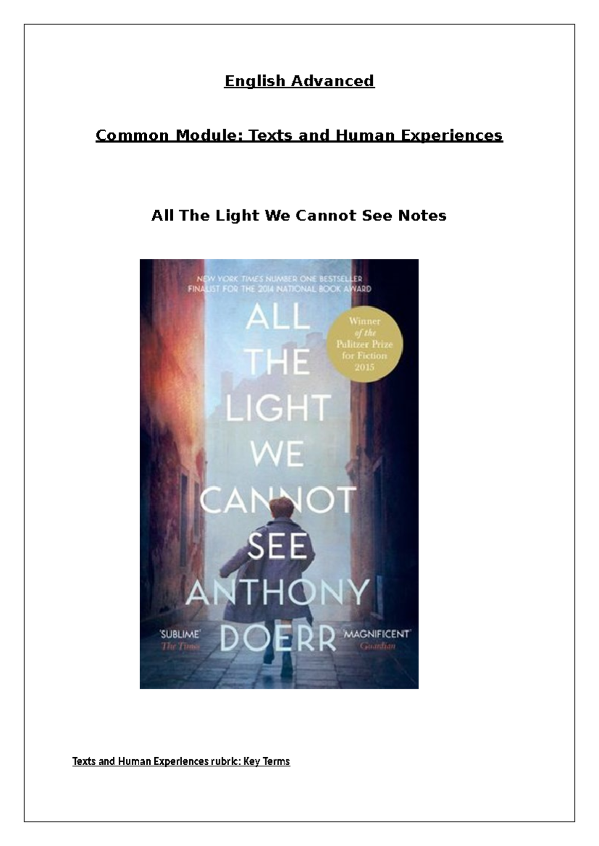 ENG Advanced Common Module: All The Light We Cannot See Study Notes ...