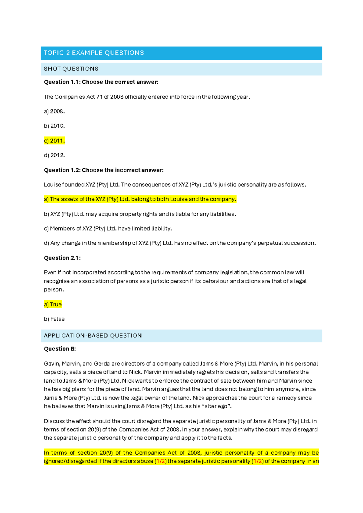 Example Questions for Entrepreneurial Law (ENT 101) - Studocu