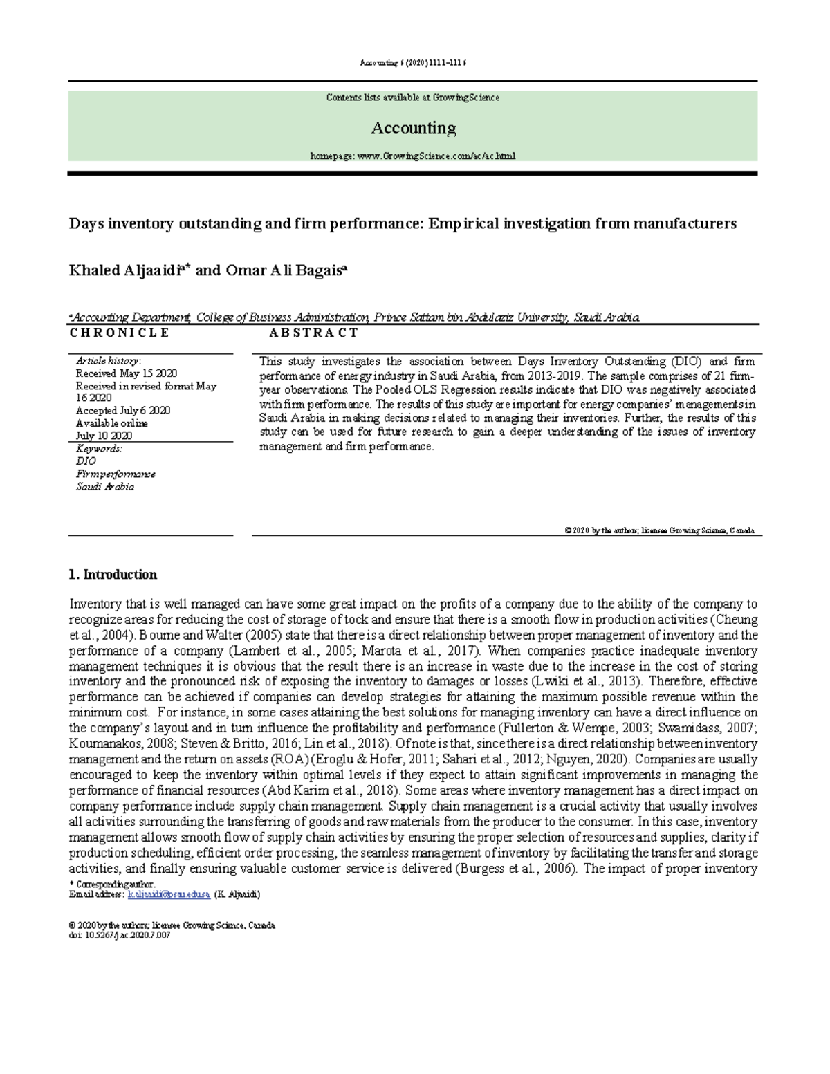 Accounting 6 (2020) - DIO and Firm Performance in Saudi Energy Sector ...