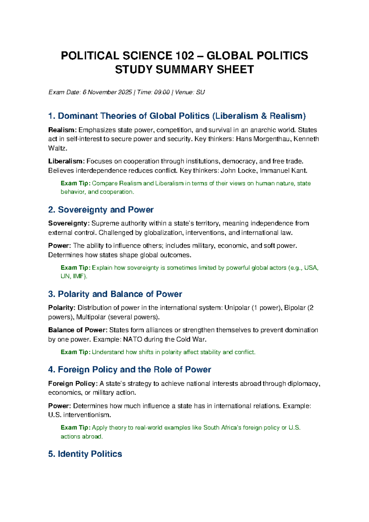 POLITICAL SCIENCE 102 GLOBAL POLITICS STUDY SUMMARY SHEET - Studocu