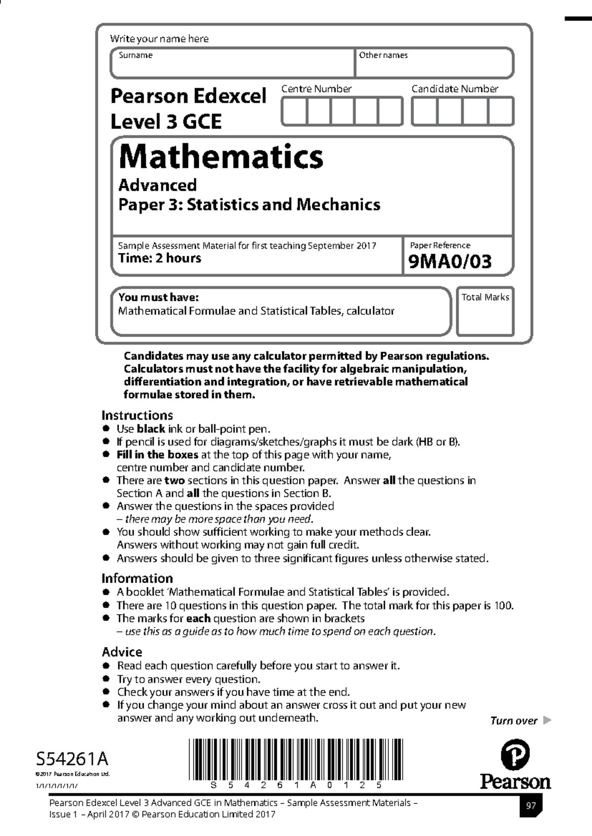 Pearson Edexcel Level 3 GCE Mathematics Advanced Paper 3: Sample ...