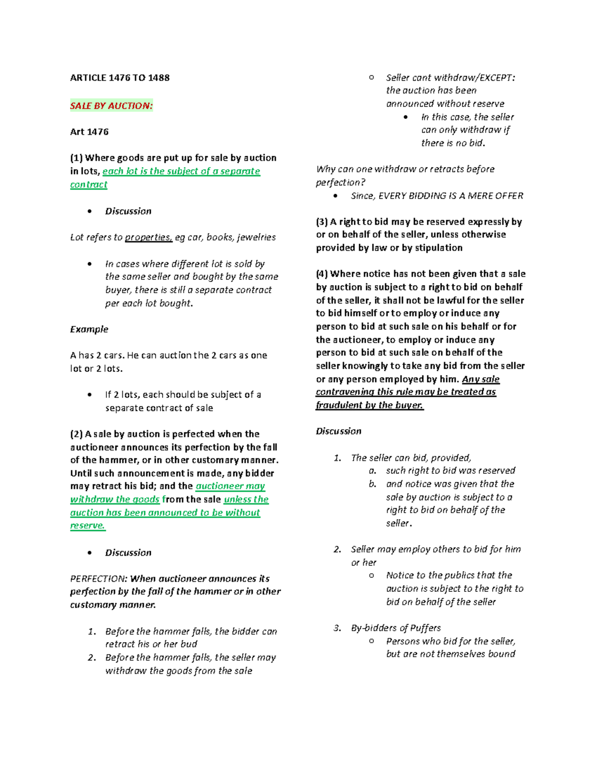 Article 1476-1488: Sale and Auction Law Reviewer - Studocu