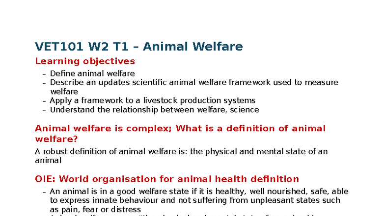 VET101 W2 T1 Animal Welfare: Frameworks and Concepts Explained - Studocu