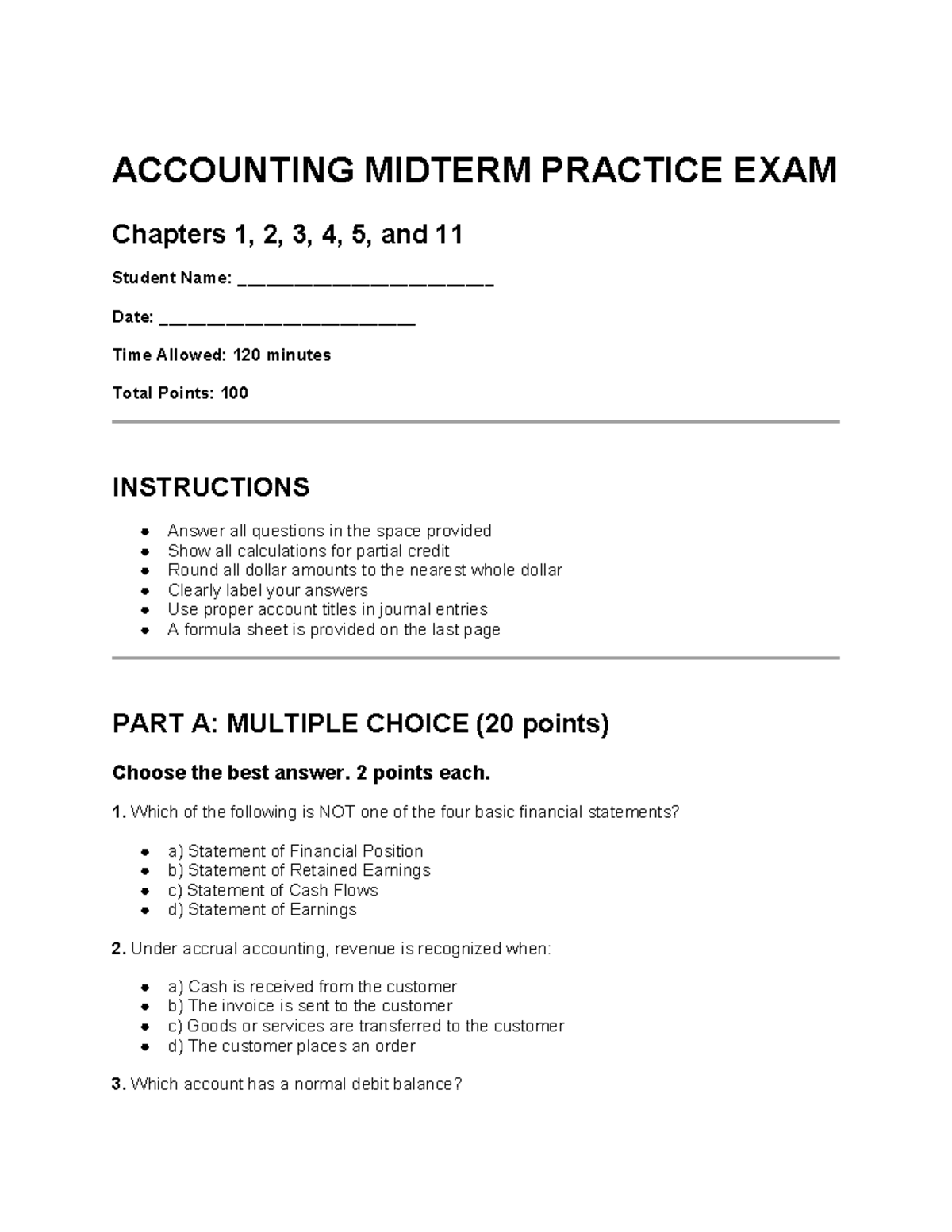 ACCT 101 MIDTERM PRACTICE EXAM Chapters 1-5 & 11 - Studocu