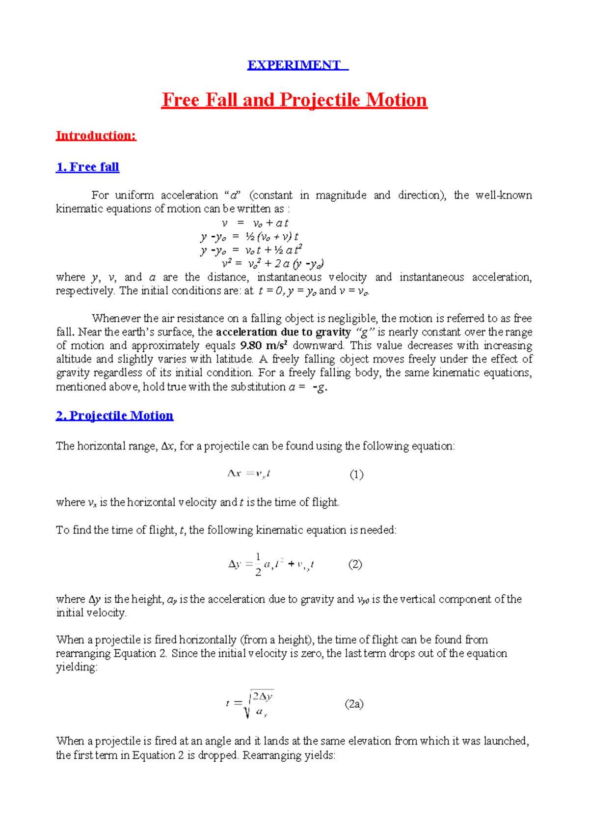 Lab 2: Exploring Free Fall & Projectile Motion in Physics - Studocu