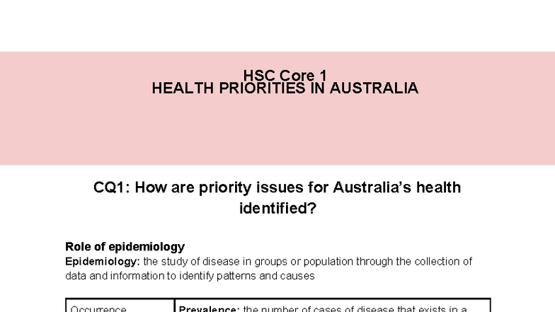 HSC Core 1: Health Priorities in Australia - Year 12 PDHPE Notes - Studocu