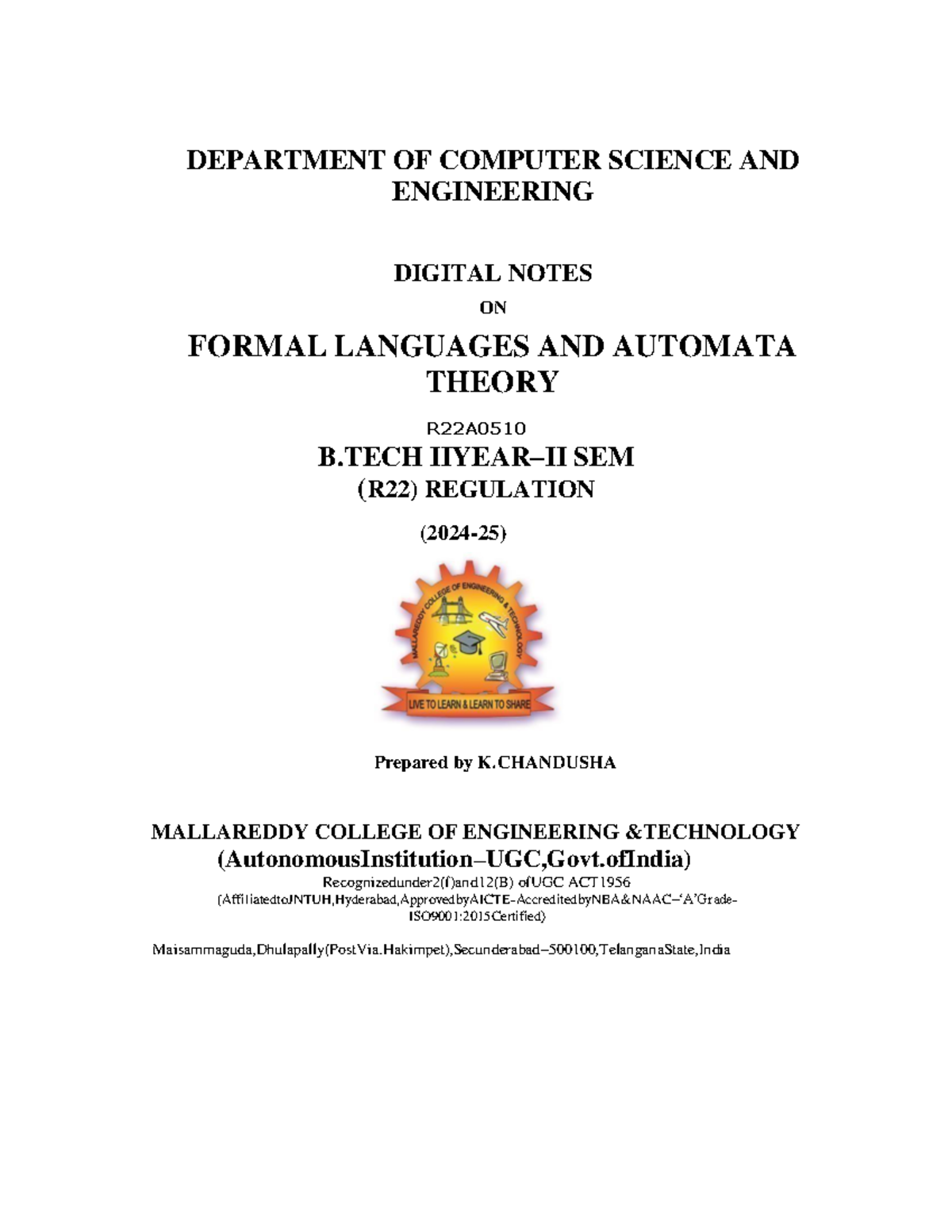 Formal Languages and Automata Theory Notes (R22A0510) - Studocu