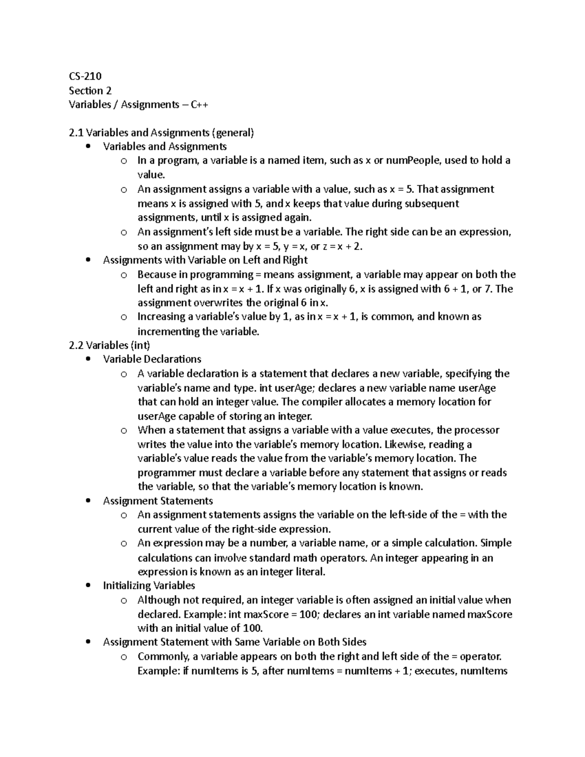 CS Chapter 2 Notes - Variables, Assignments, and Expressions - Studocu