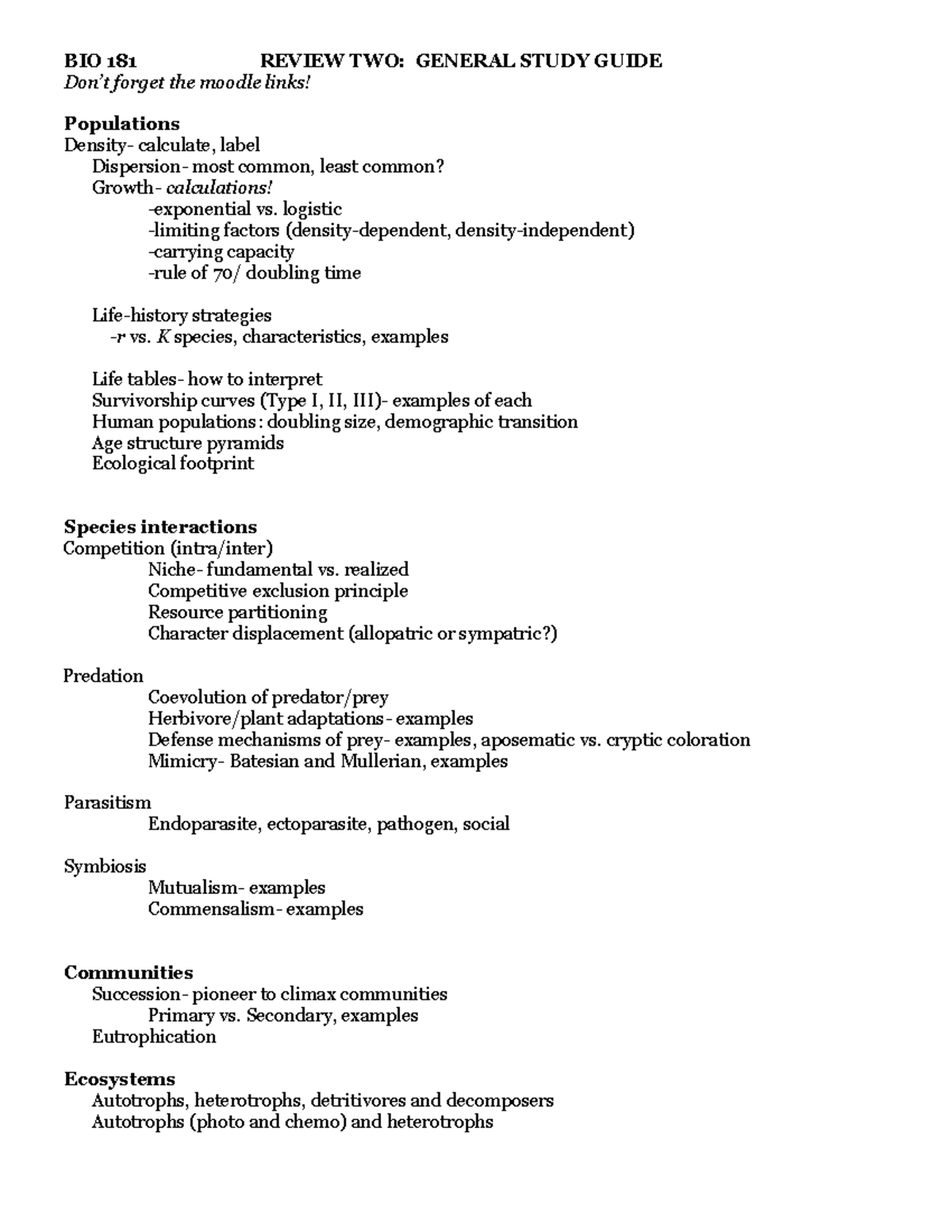 BIO 181 Fall Review II: Study Guide on Populations & Ecosystems - Studocu