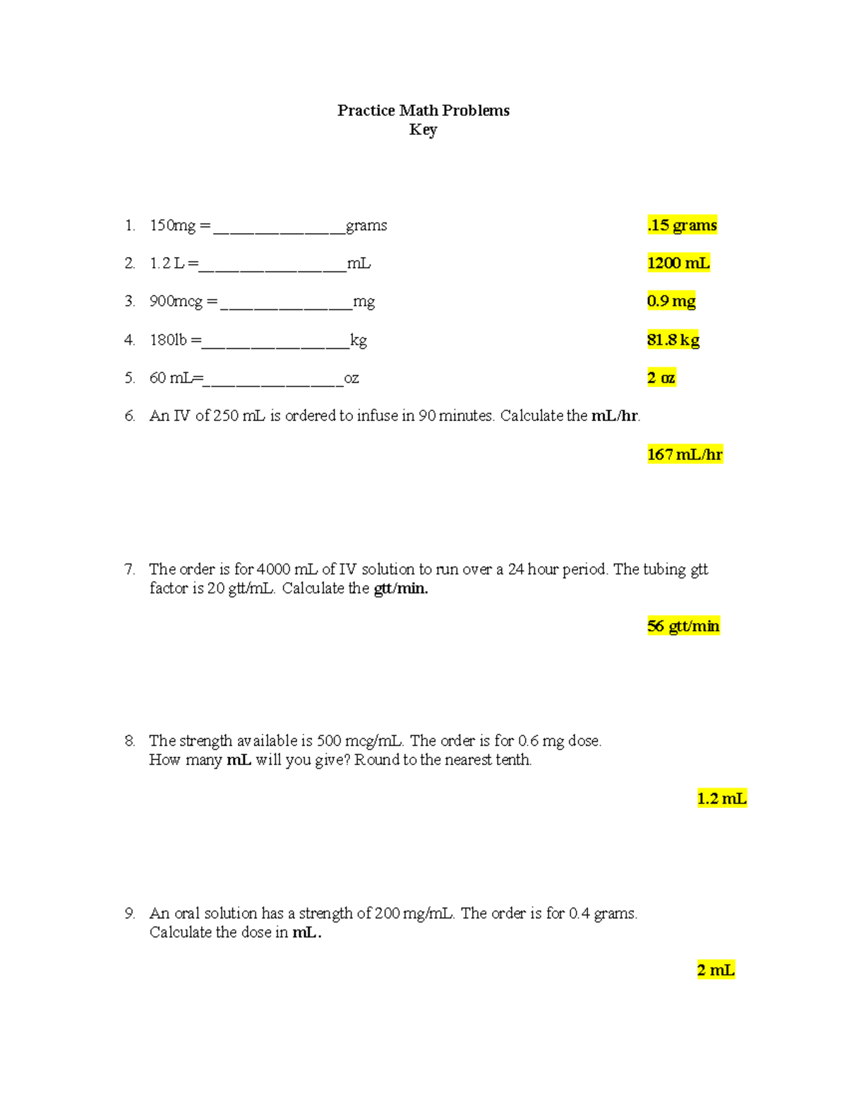 Practice Exam 1 Key: Dimensional Analysis & Math Problems - Studocu