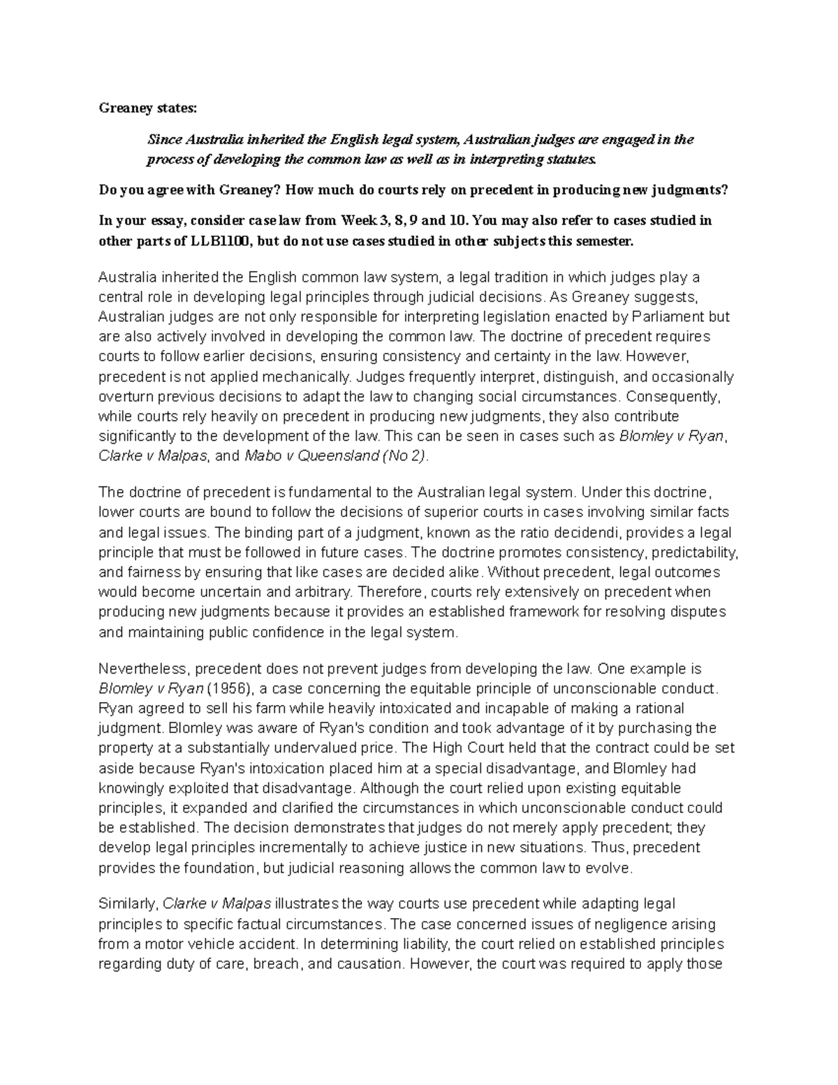 LB1100 Exam Essay Examples: Analyzing Judicial Precedent and Activism ...