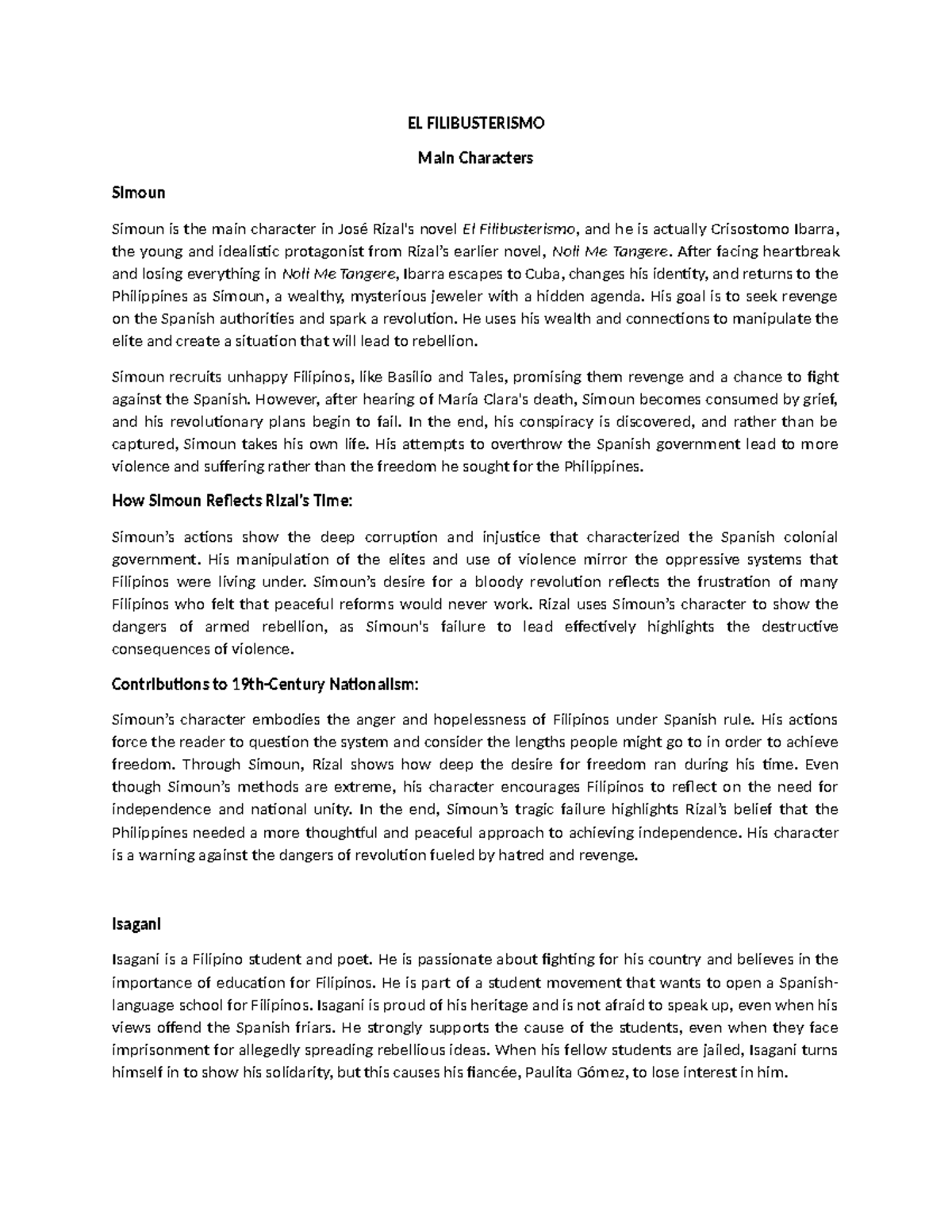 EL FILIBUSTERISMO (Literature) Character Summaries and Analysis - Studocu
