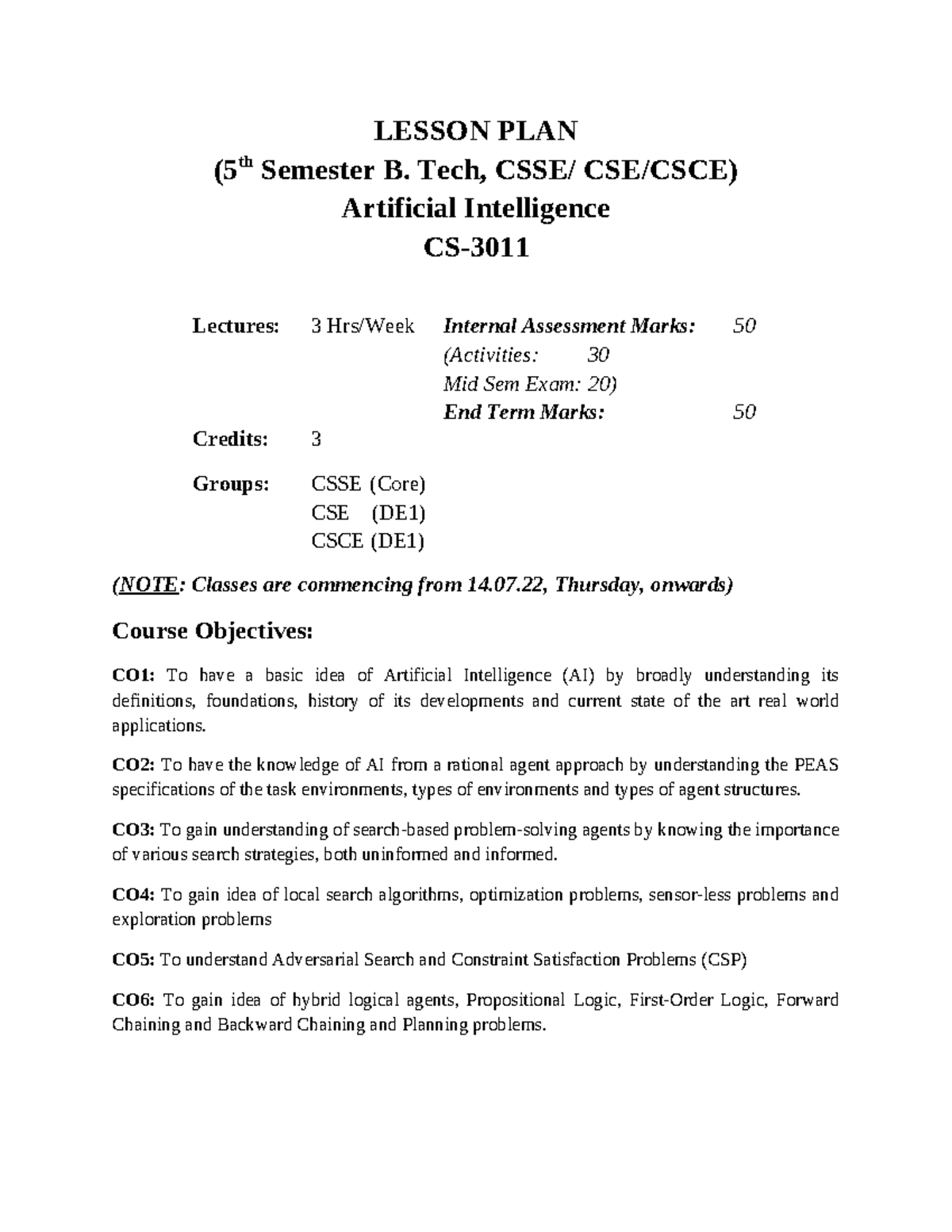 AI Lesson Plan FOR THE YEAR 2022 - LESSON PLAN ( th Semester B. Tech ...