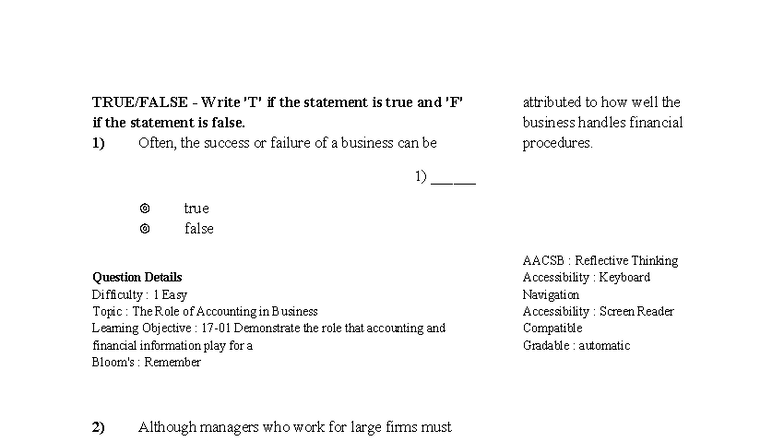 Understanding Business Chapter 17 Test Bank: True/False Questions - Studocu