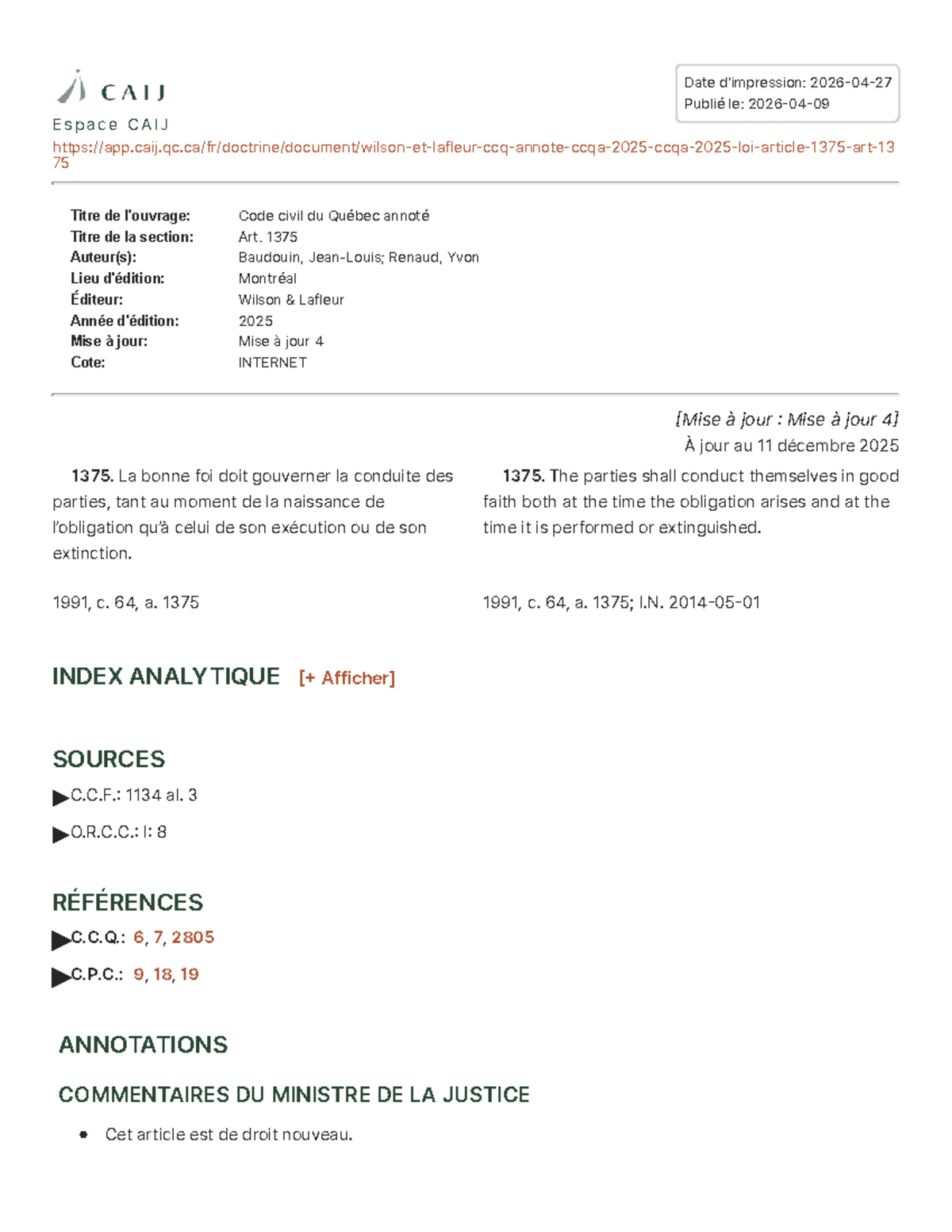 Notes sur l'Art. 1375 du Code civil du Québec - C.C.Q. 2025 - Studocu