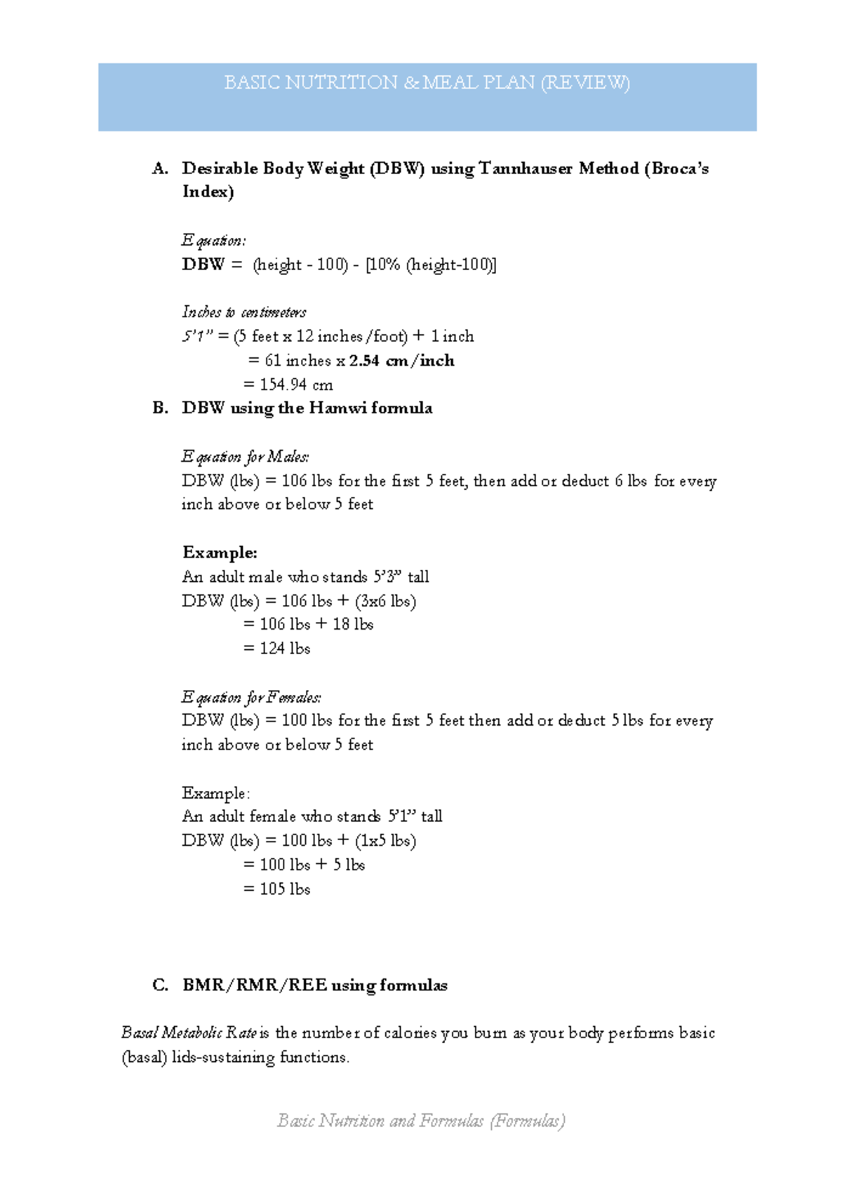 Basic Nutrition MEAL PLAN - A. Desirable Body Weight (DBW) using ...