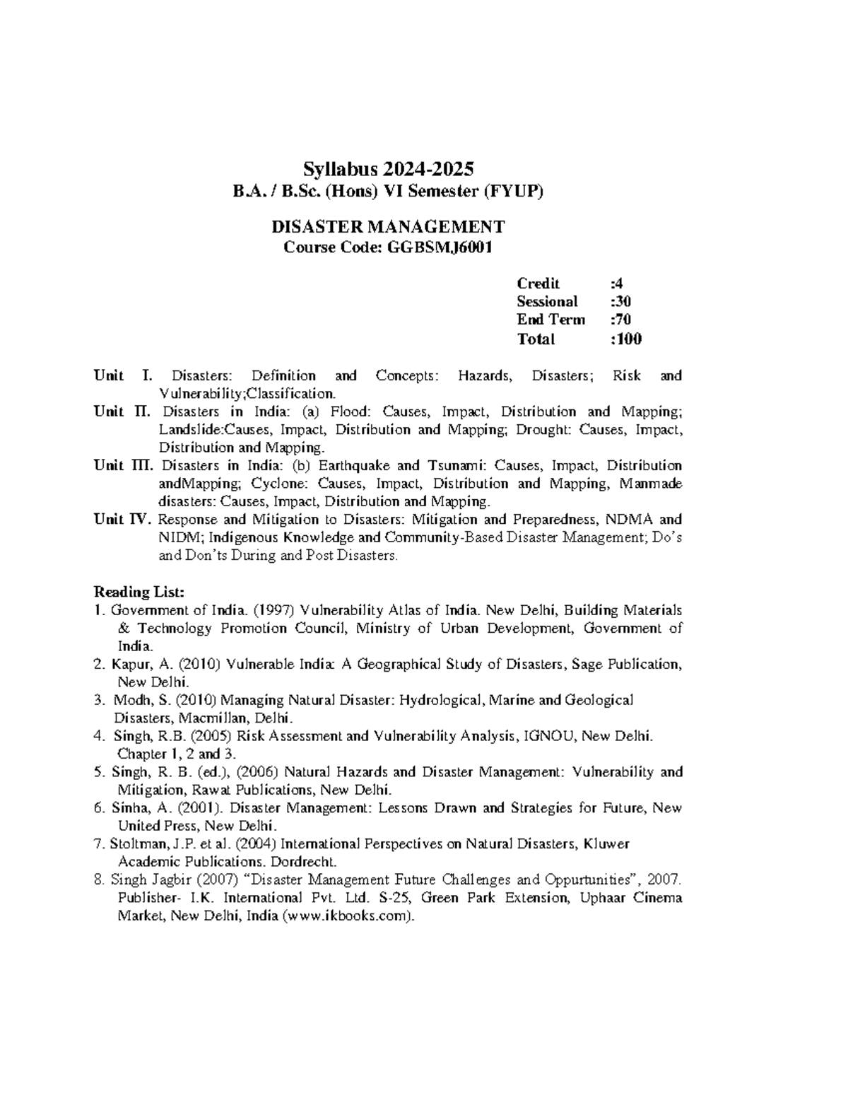Disaster management - Syllabus 2024- B. / B. (Hons) VI Semester (FYUP ...