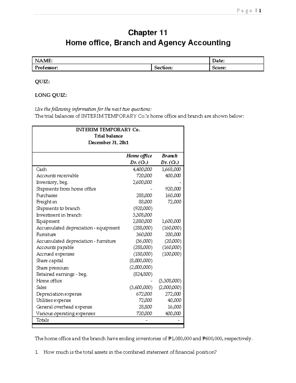QUIZ: Accounting for Home Office, Branch, and Agency - CH11 - Studocu